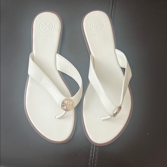 Tory Burch | Shoes | Tory Burch Cream Flip Flops With Gold Logo | Poshmark